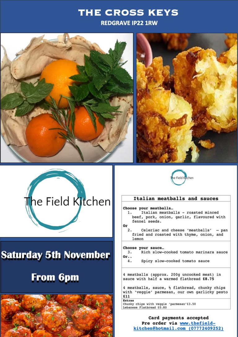 Revised Menu for The Field Kitchen, Sat 5th Nov – The Cross Keys Redgrave